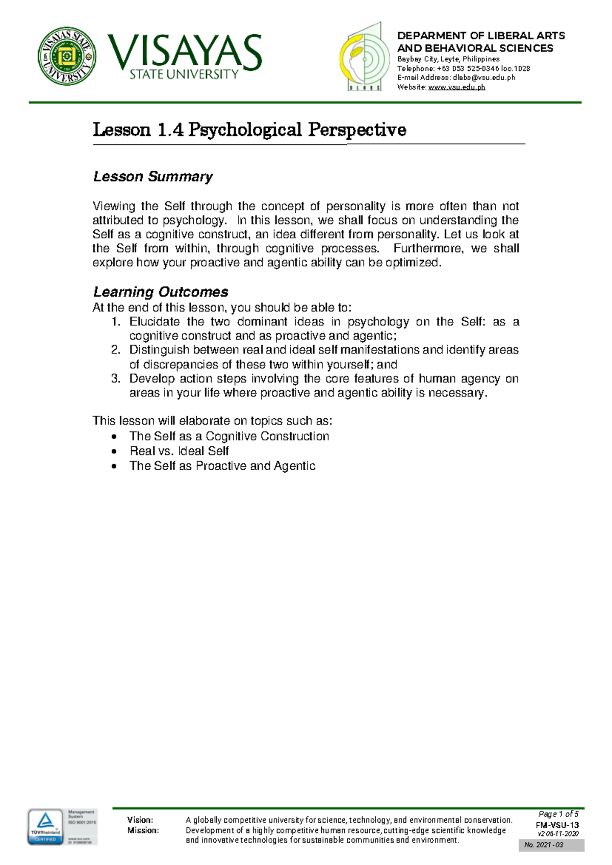 UTS-Lesson-1 - Notes in UNDERSTANDING THE SELF - Vision: A globally ...