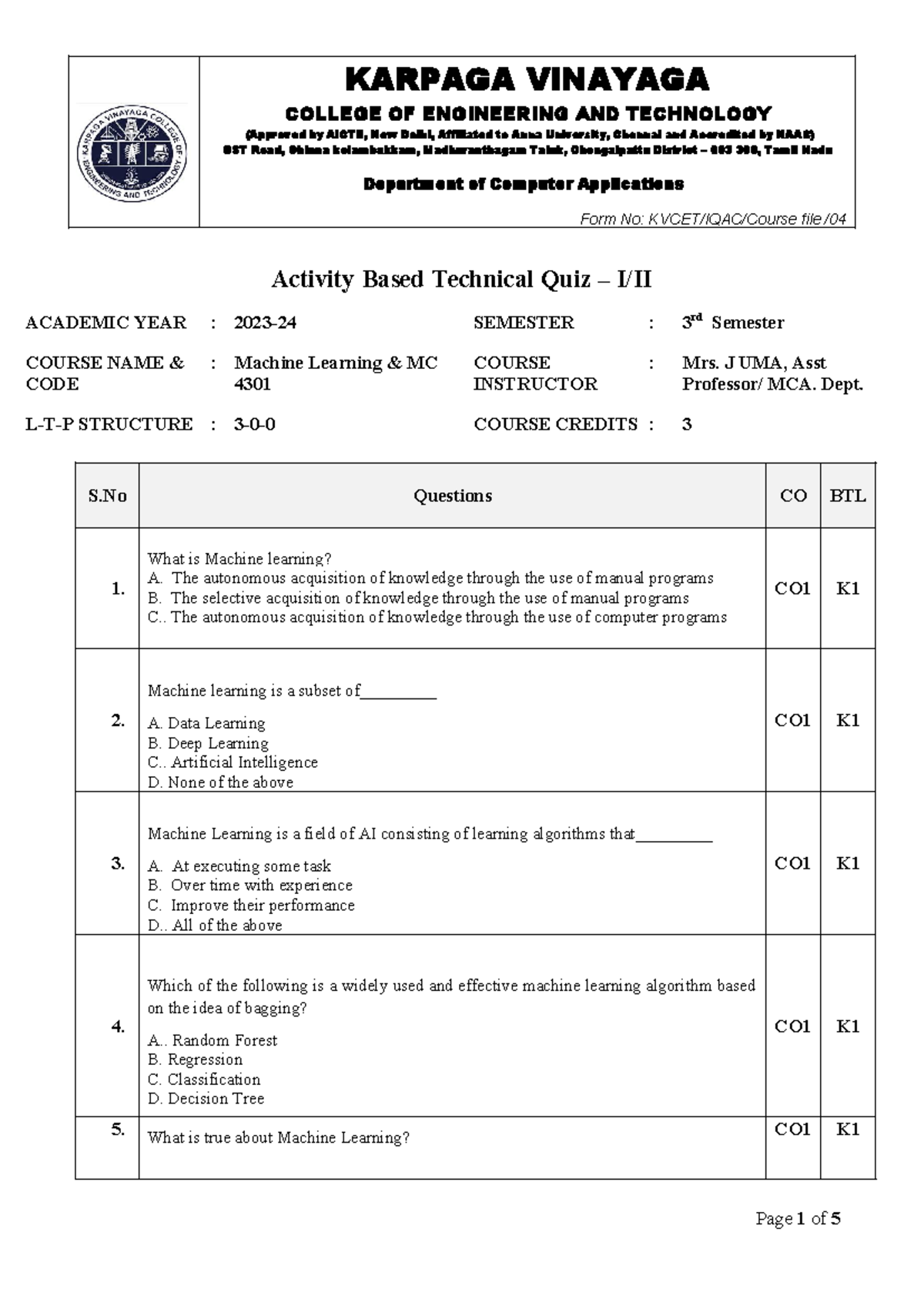 Activity-Based Technical Quiz on Machine Learning (MC 4301) - 3rd ...