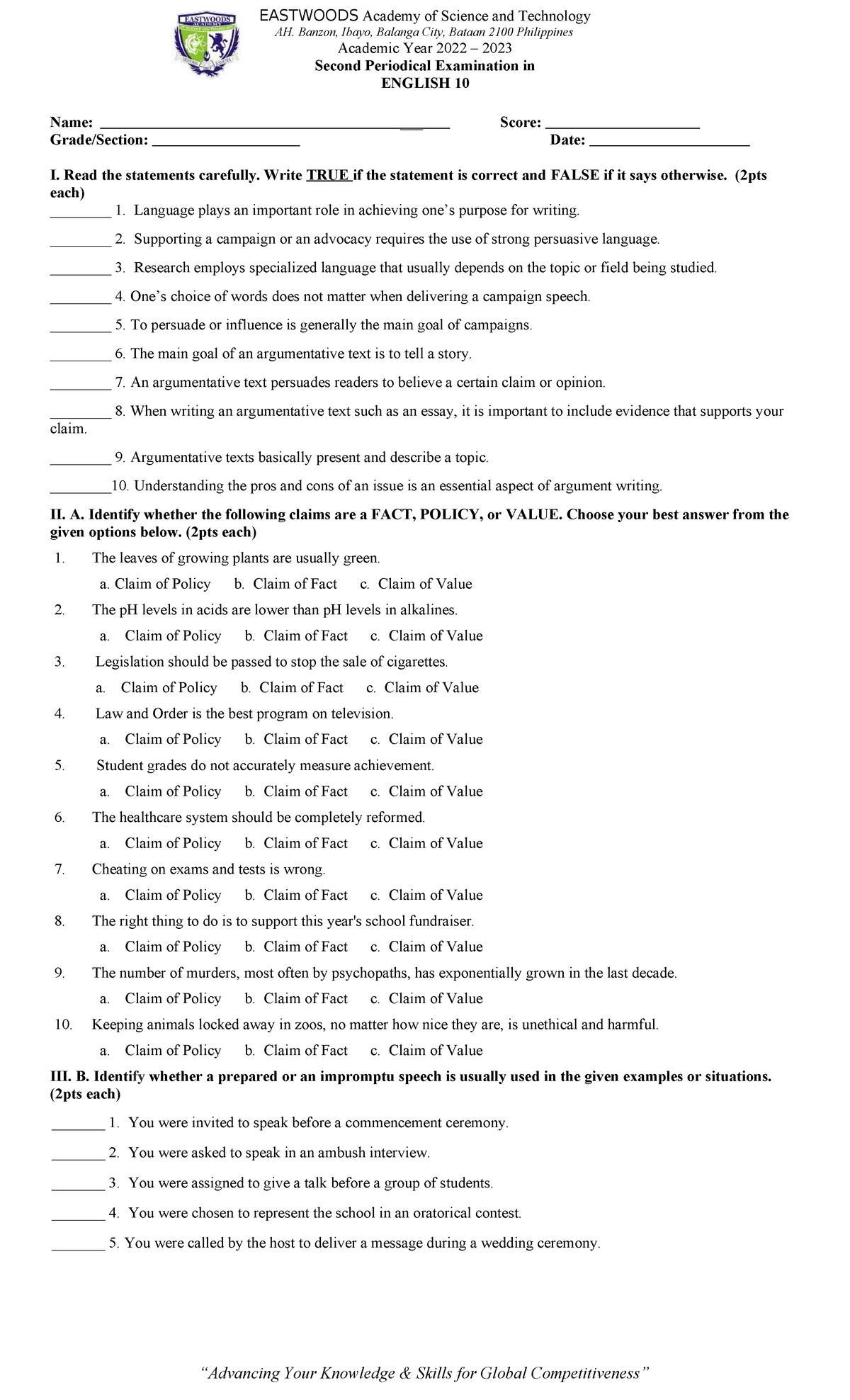 ENGLISH 10 - Second Periodical Exam Review and Practice - Studocu