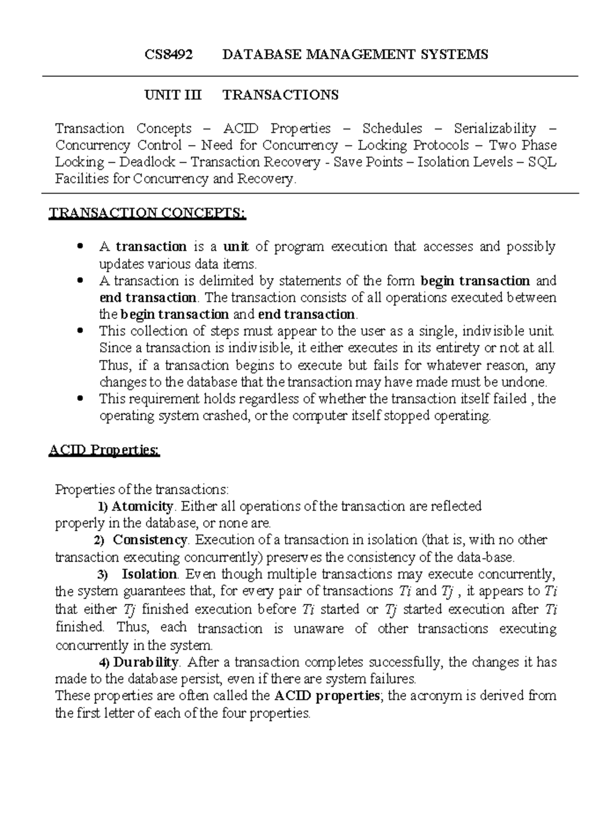 UNIT Iiitransactions - DBMS - CS8492 DATABASE MANAGEMENT SYSTEMS UNIT III TRANSACTIONS ...
