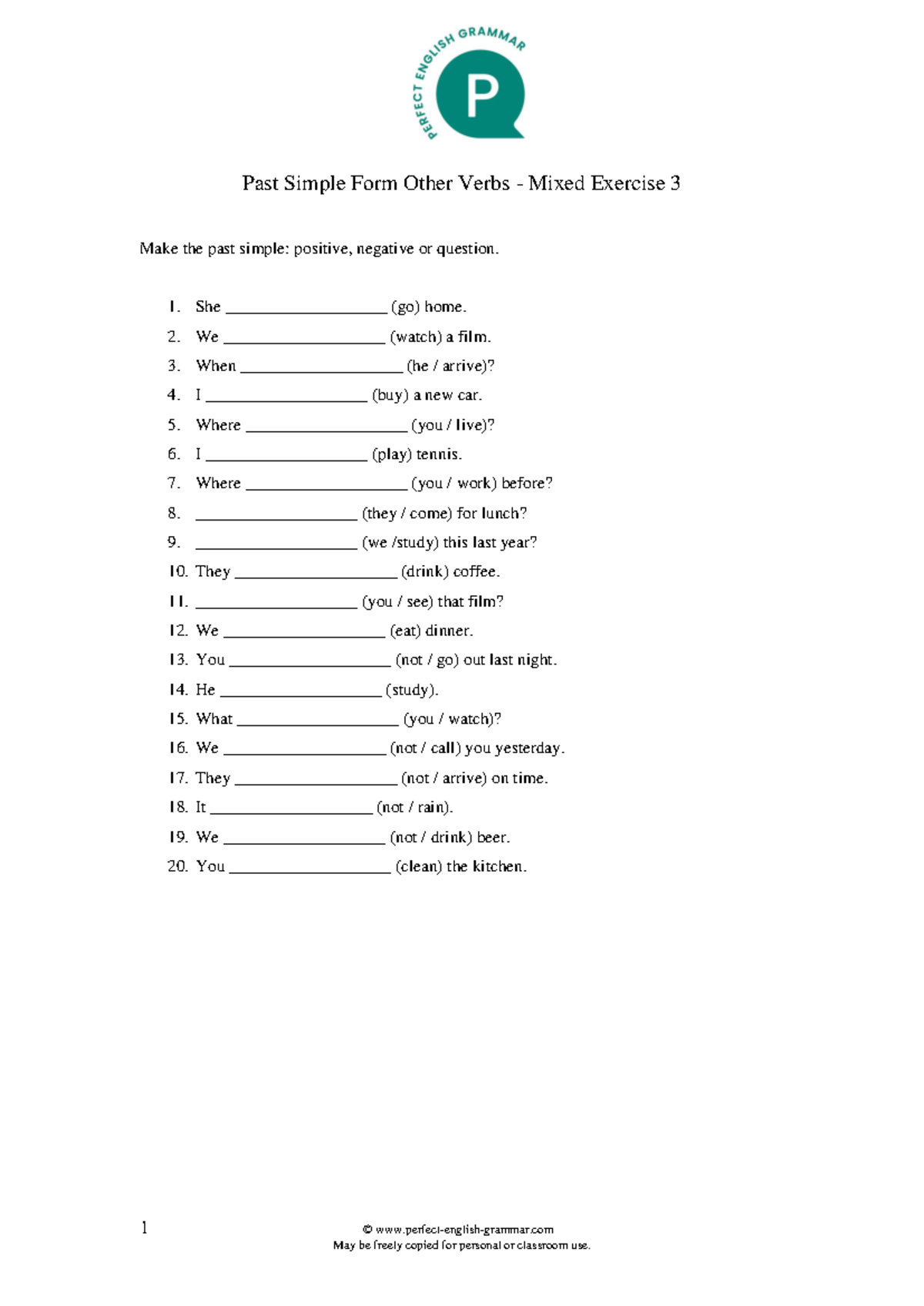 Past Simple Mixed Exercise 3 - Positive, Negative & Questions - Studocu