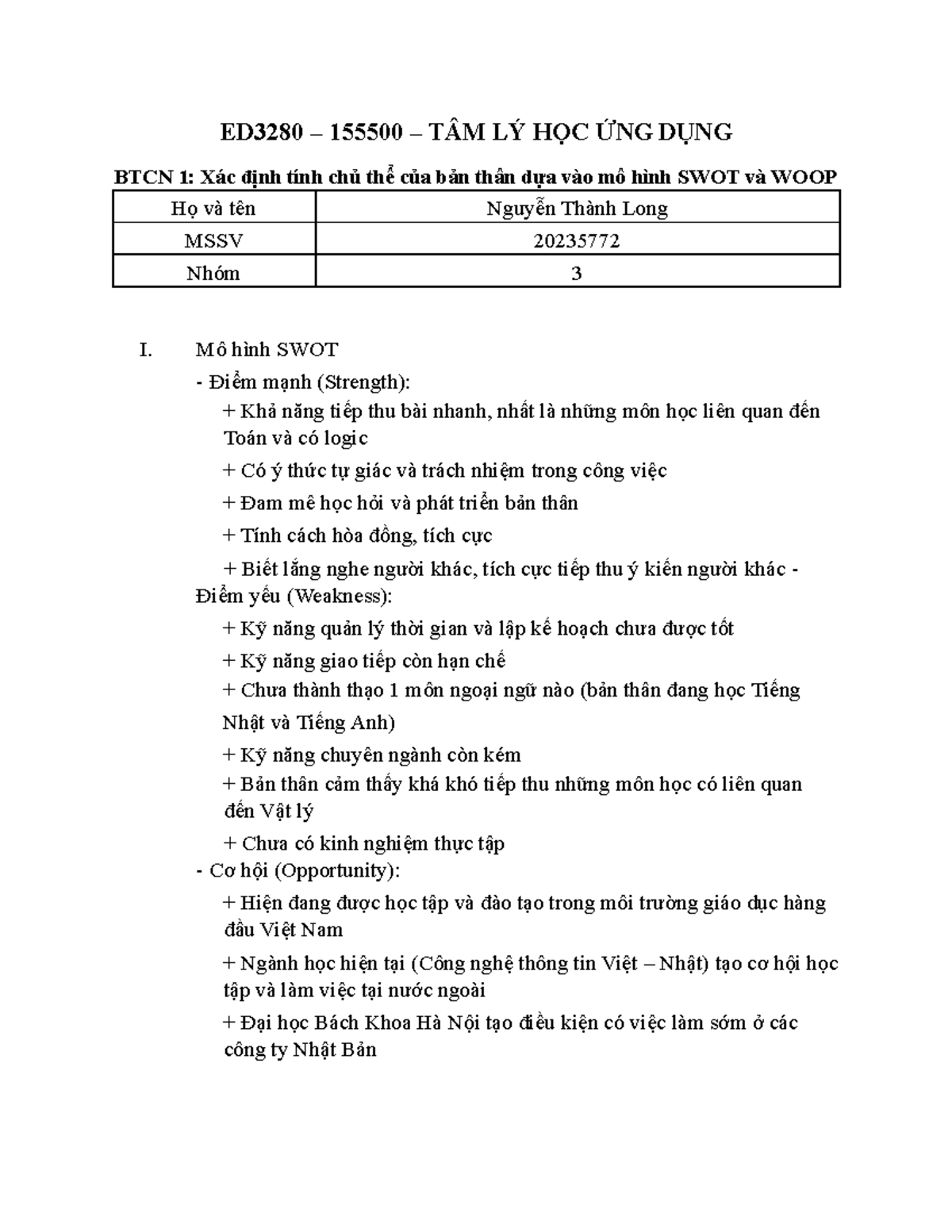 BTCN1 Tlhud Long - Btcn - ED3280 – 155500 – TÂM LÝ HỌC ỨNG DỤNG BTCN 1: Xác định tính chủ thể ...