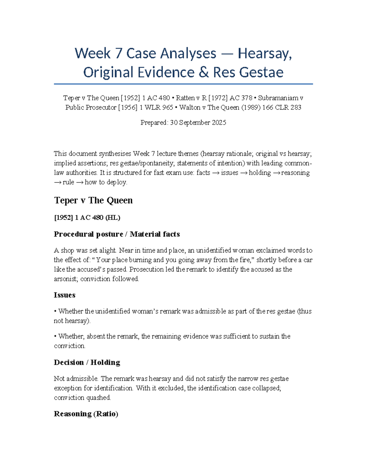 Week 7 Case Analysis: Hearsay & Original Evidence in Key Cases - Studocu