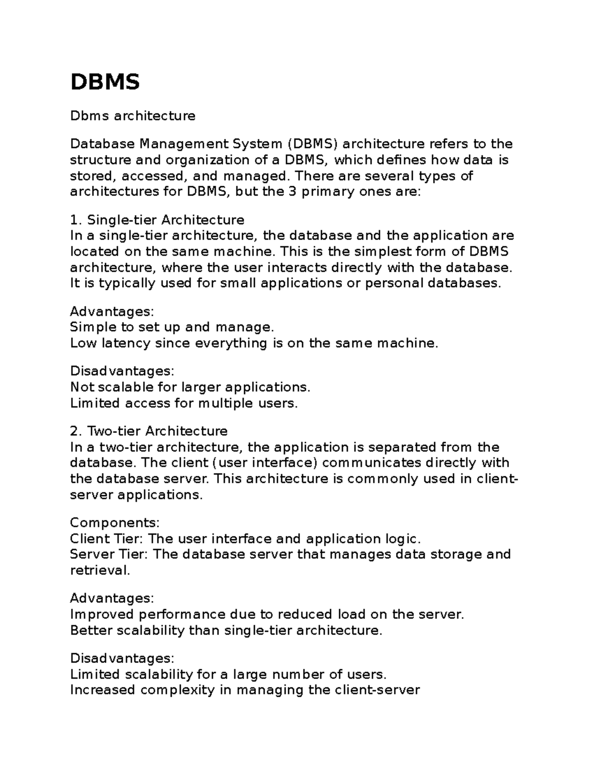 DBMS - Notes on Database Architecture & Data Independence - Studocu