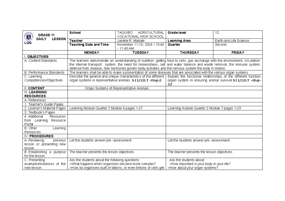 Week 7 November 11-15, 2024 - GRADE 11 DAILY LESSON LOG School TAGUIBO ...