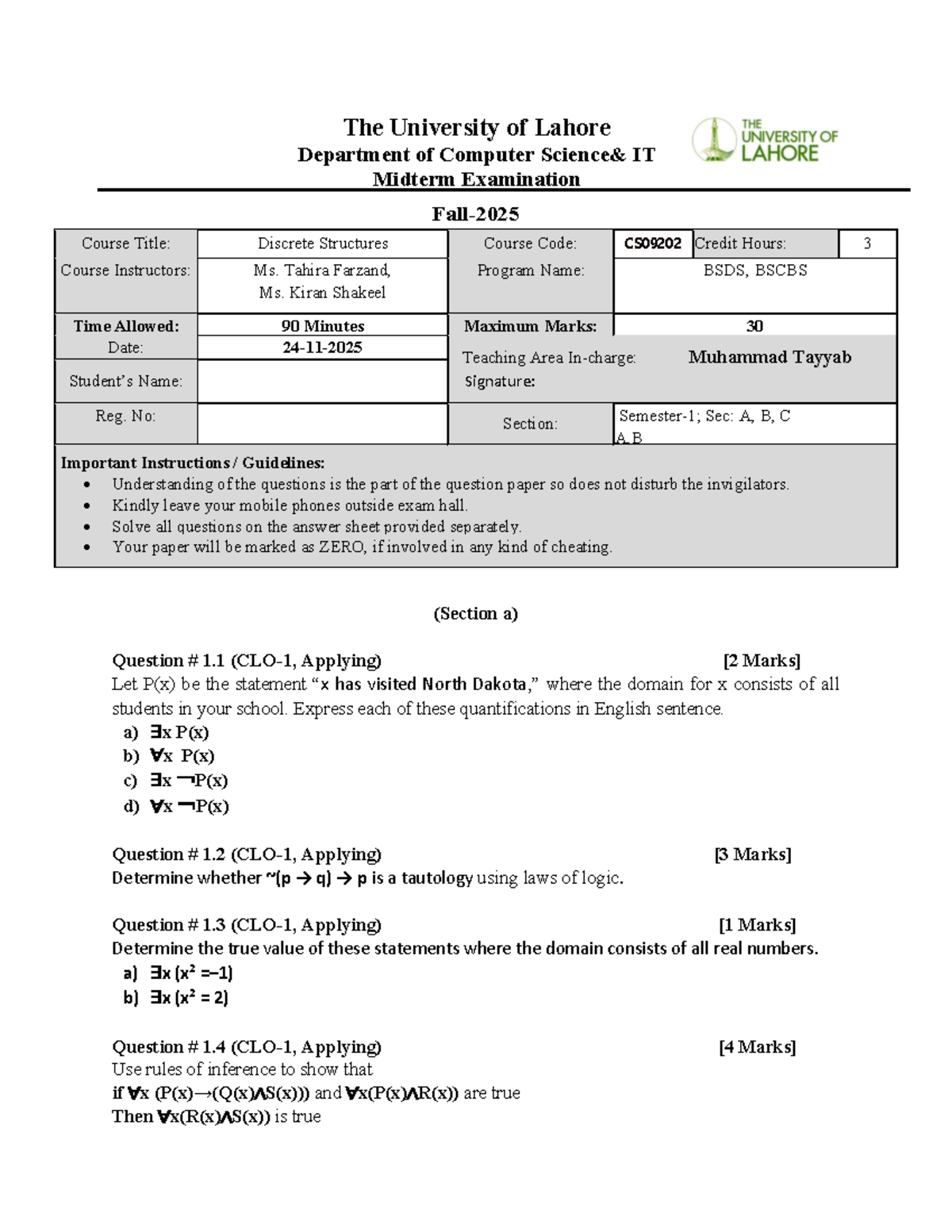 Midterm Exam CS09202: Discrete Structures - Fall 2025 - Studocu