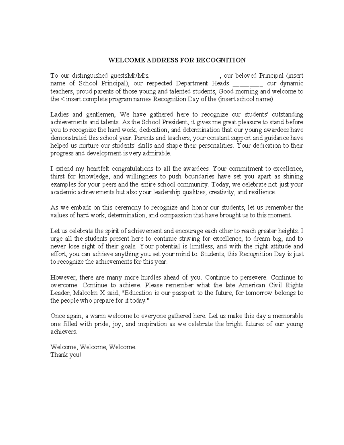 Welcome Address for Recognition Day Ceremony - Studocu