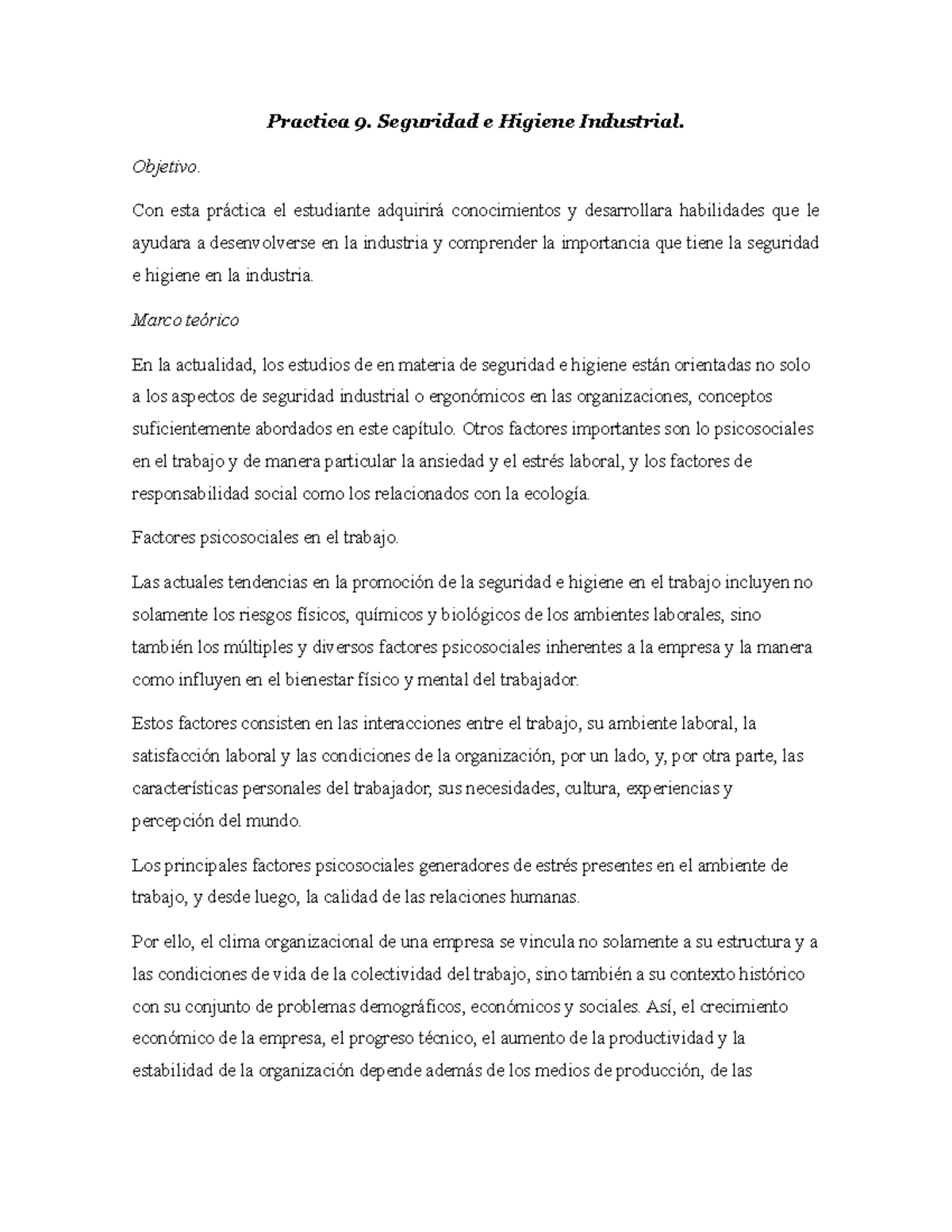 Práctica 9: Seguridad e Higiene Industrial y su Importancia - Studocu