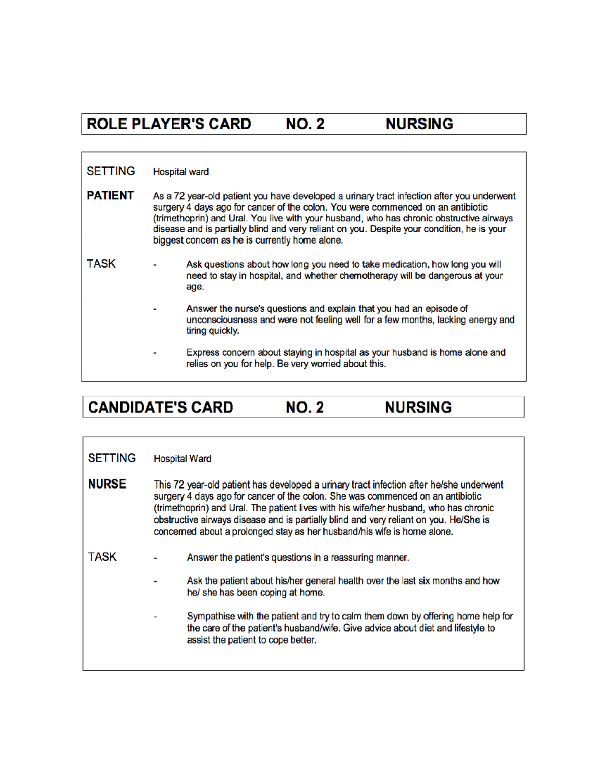 OET CUE Cards: Role Card No. 2 - Nursing Setting in Hospital Ward - Studocu