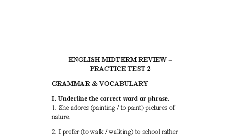 ENGLISH 8 MIDTERM REVIEW PRACTICE TEST 2: GRAMMAR & VOCAB - Studocu
