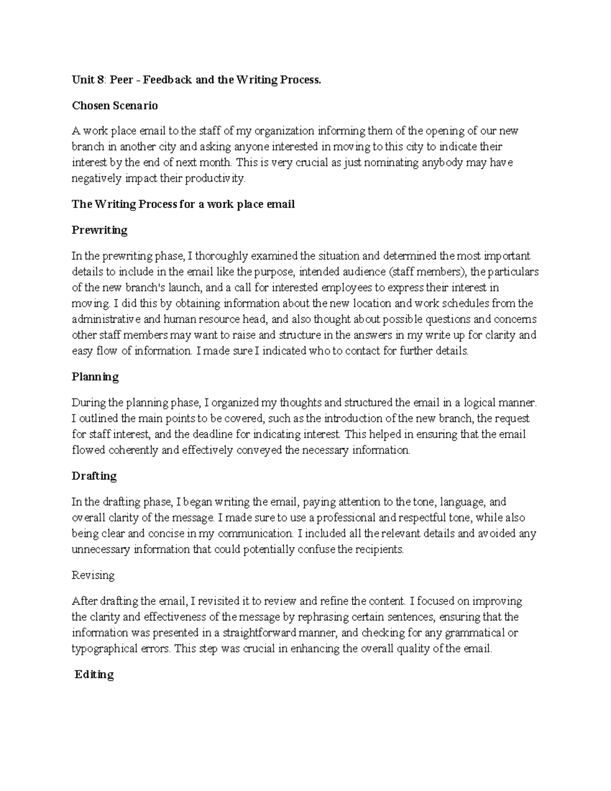 Unit 8: Peer Feedback & Writing Process - Engl 1102 Assignment - Studocu