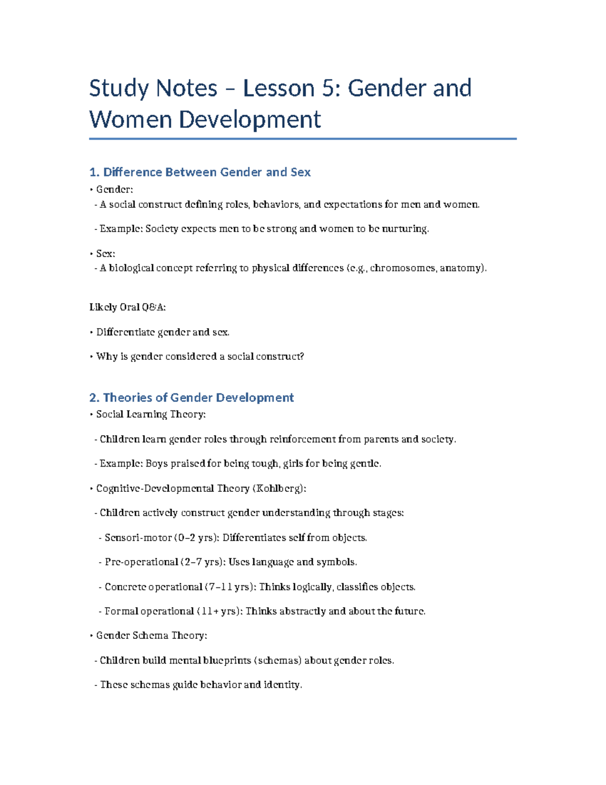 Lesson 5 Study Notes: Gender and Women's Development (GWD 1) - Studocu