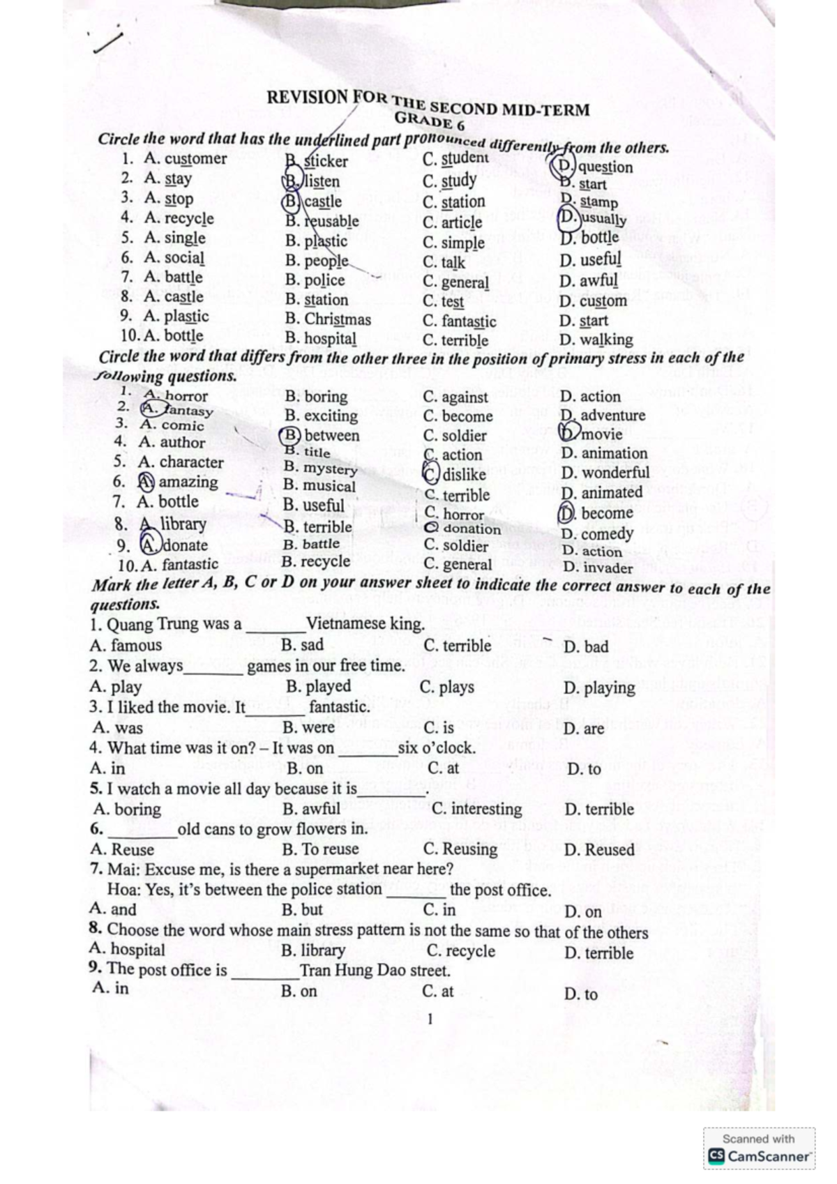 REVISION FOR GRADE 6: Pronunciation & Stress Patterns Exercises - Studocu