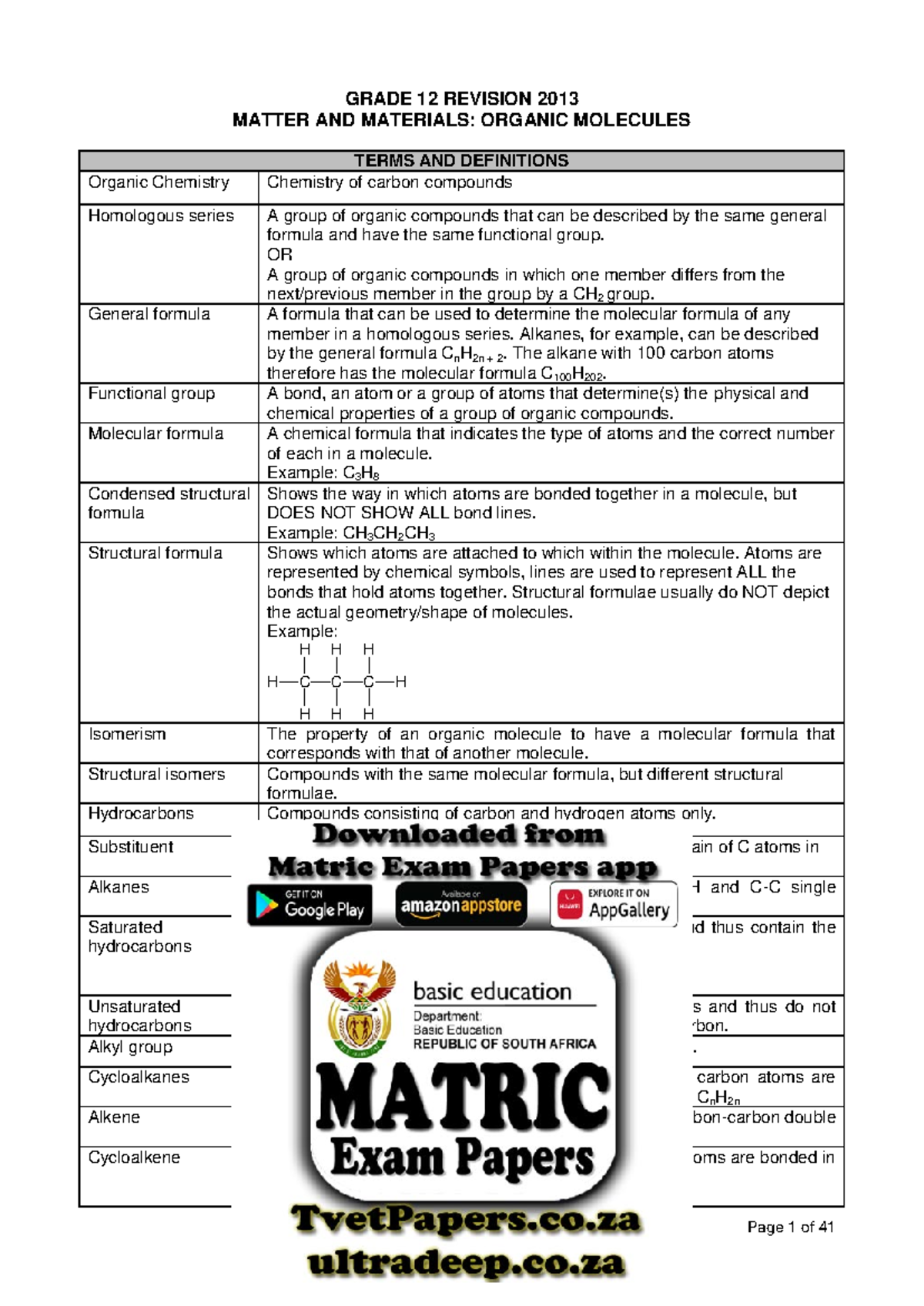 Organic Chemistry Grade 12 Revision: Matter and Materials Overview ...