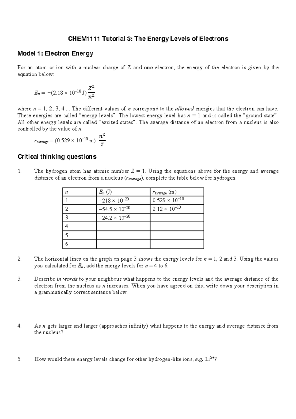 Tutorial 03-1 - Chem stuff - CHEM11 11 Tutorial 3: The Energy Levels of ...
