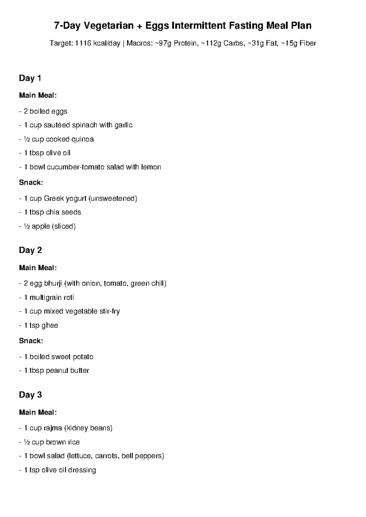 7-Day Vegetarian Egg Meal Plan for Intermittent Fasting - Studocu
