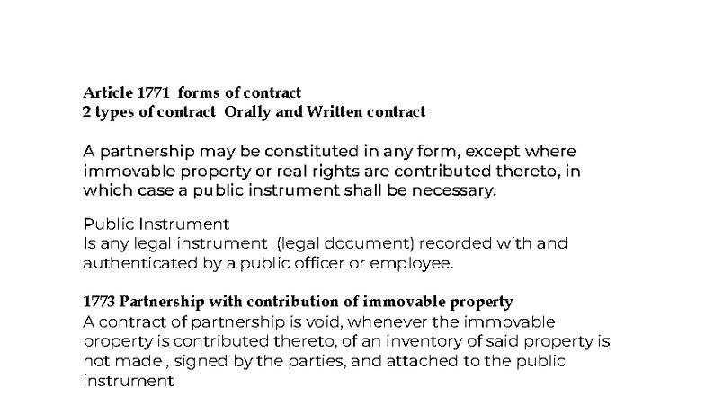 Articles 1771-1774 & 1797-1800: Forms of Contract in Partnerships - Studocu