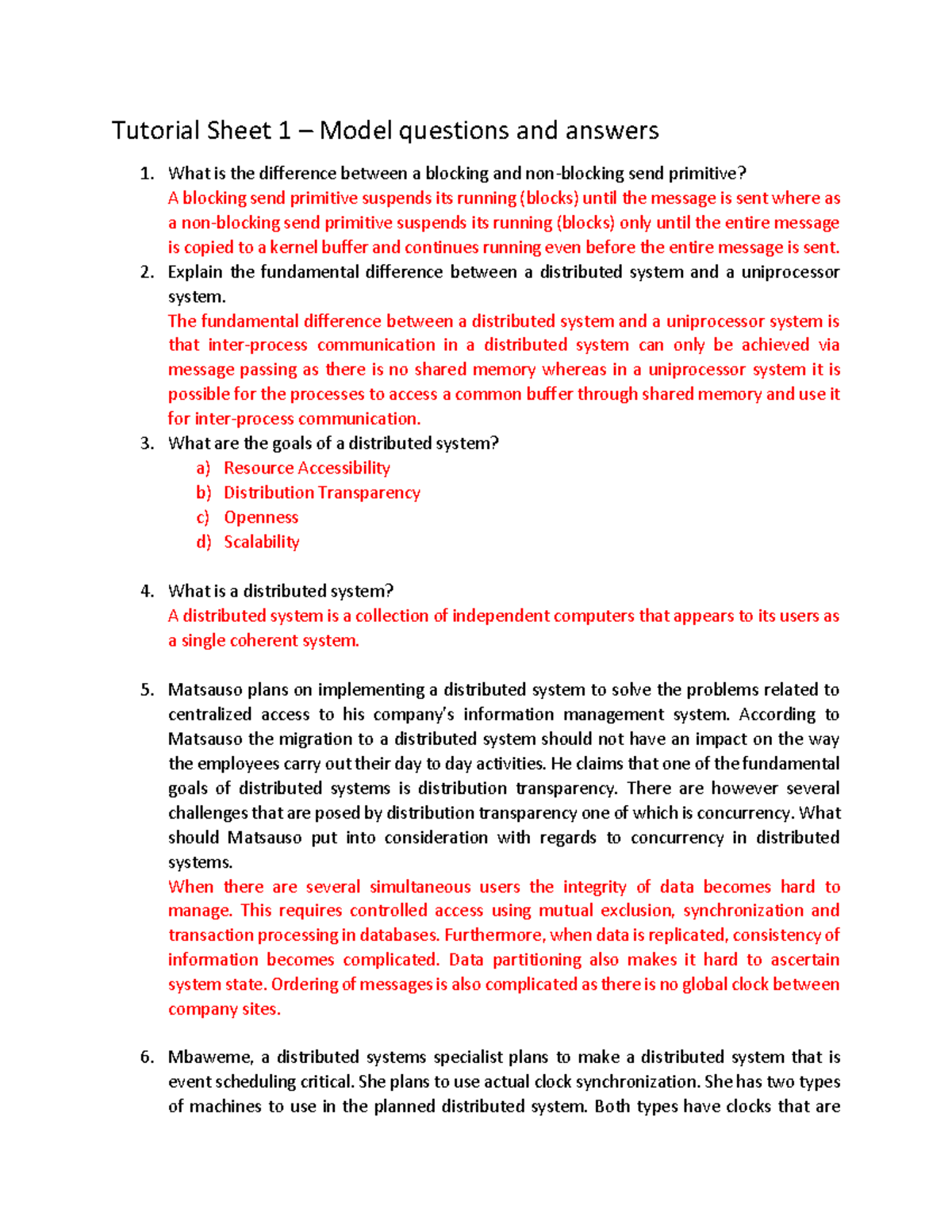 Tutorial Sheet 1: Key Concepts in Distributed Systems and Algorithms ...