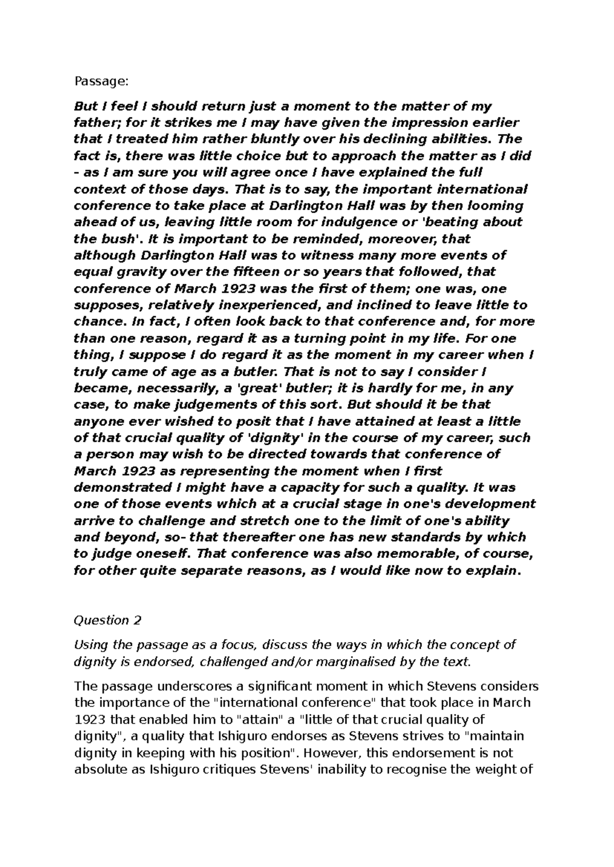 The Remains of the Day: Exam Question 2 Analysis - Studocu