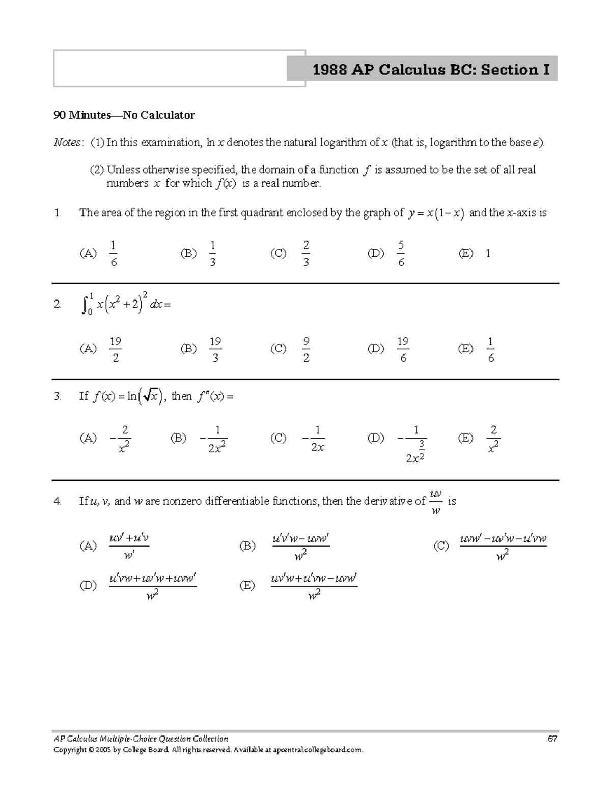 1988 AP Calculus BC: Section I Multiple Choice Questions - Studocu