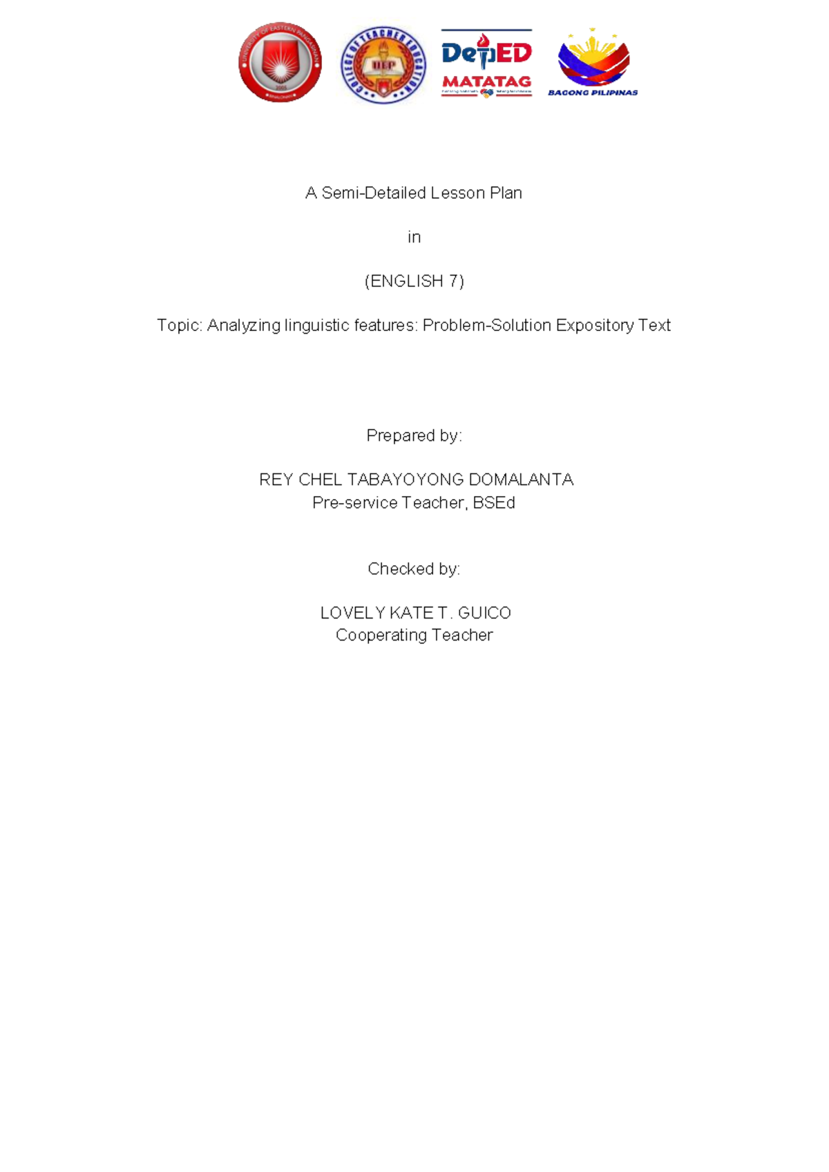 Analyzing Expository Texts: Lesson Plan for ENGLISH 7 - Studocu