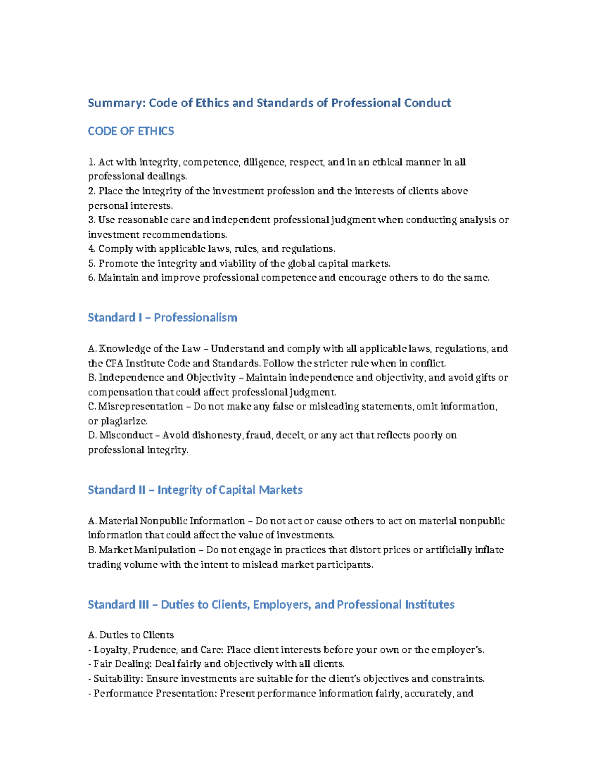 Code of Ethics & Standards of Professional Conduct Summary - Studocu