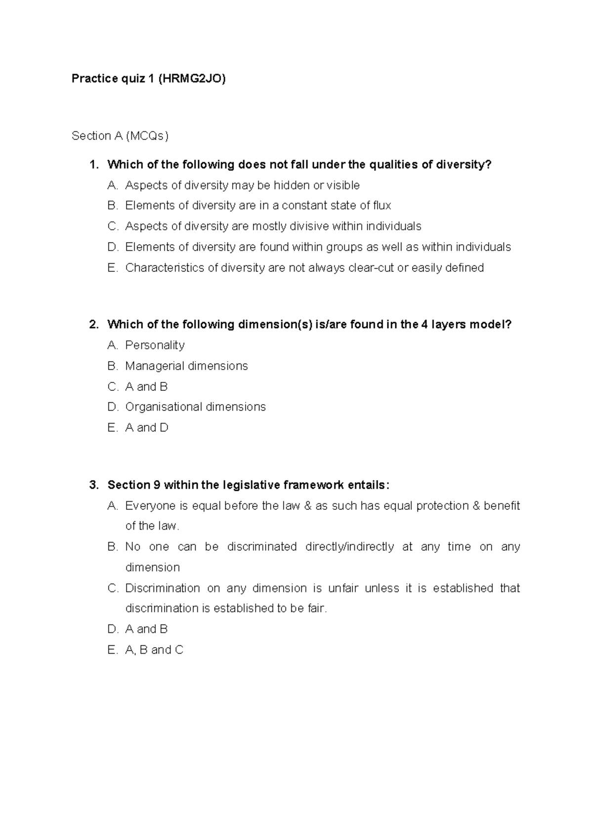 HRMG2JO Practice Quiz 1: Diversity & Inclusion Concepts - Studocu