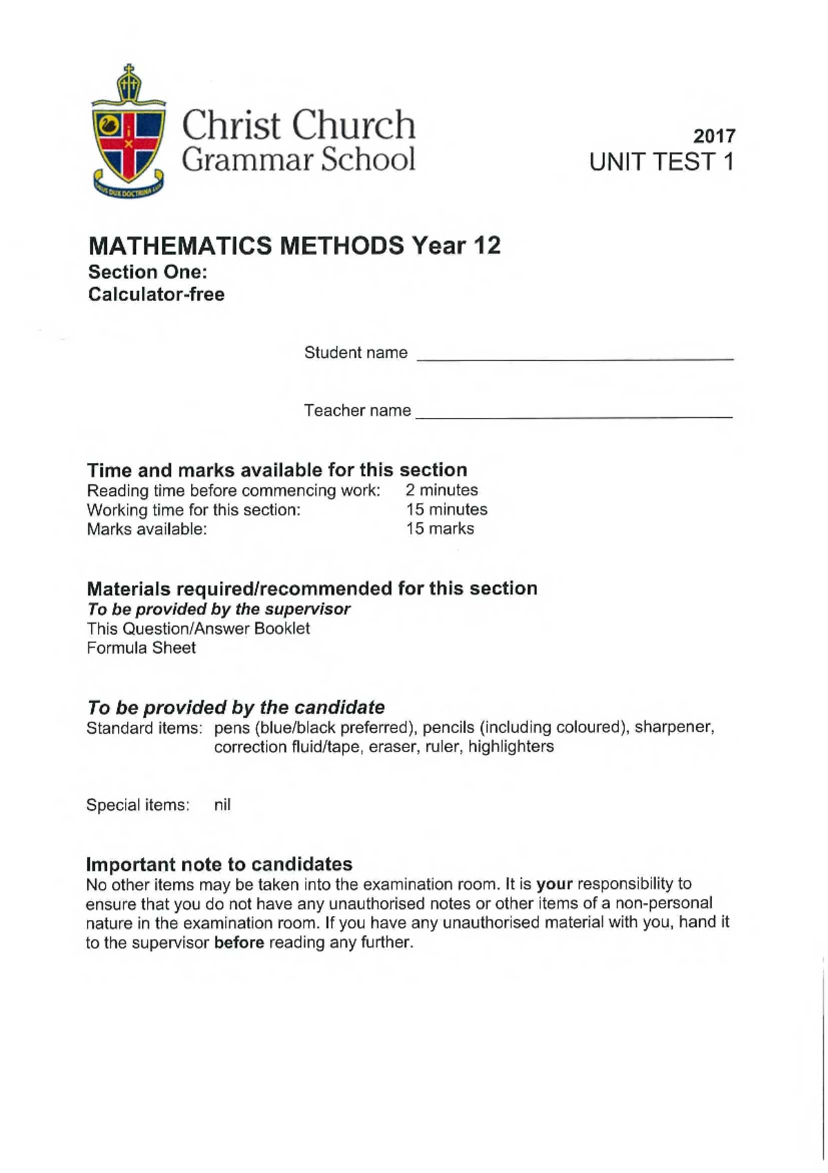 Year 12 Mathematics Methods Unit Test 1 (2017) - Studocu