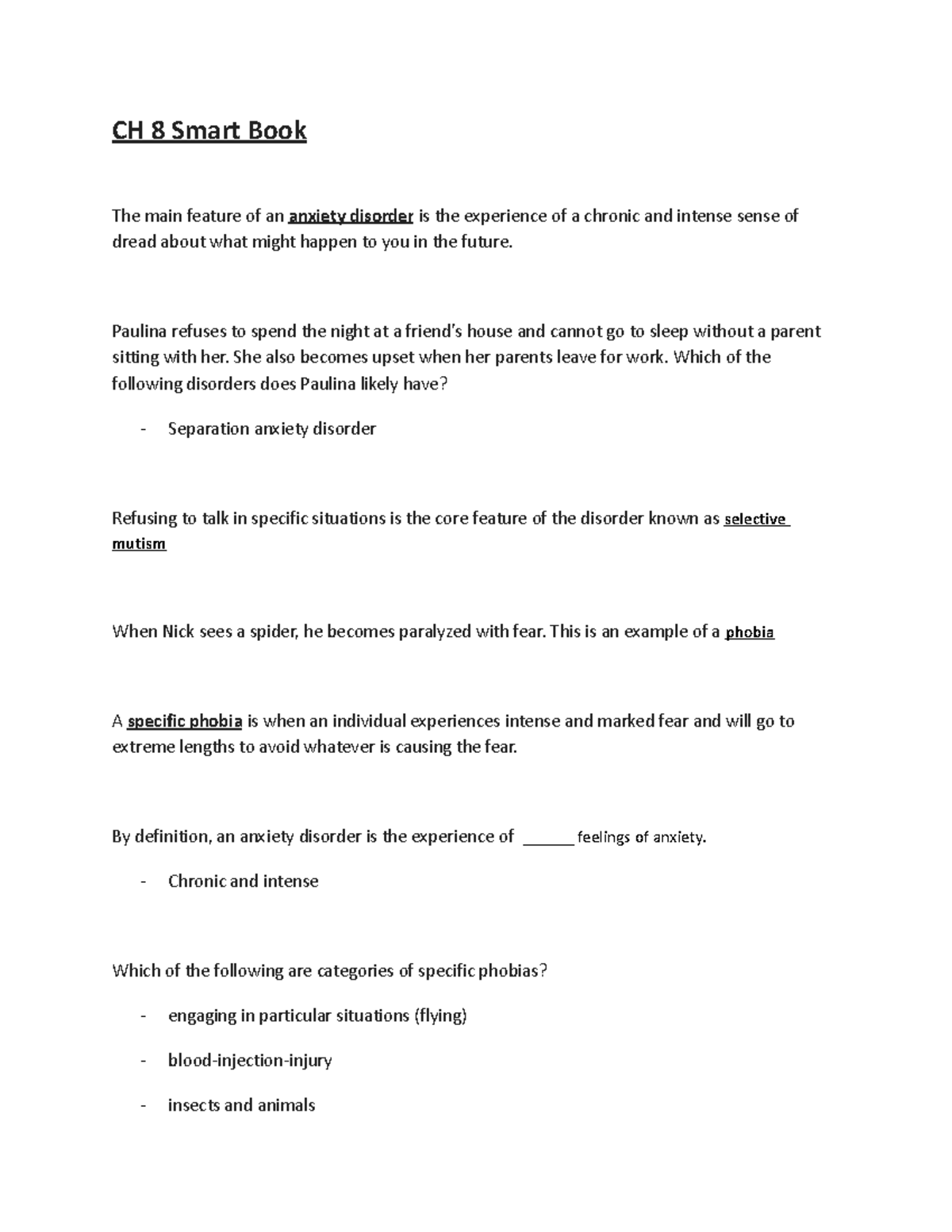 Ch 8 Psychology Smart Book Assignment on Anxiety Disorders - Studocu