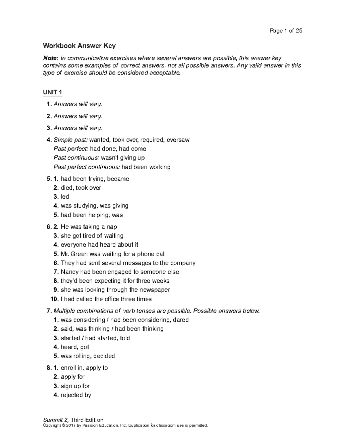 Summit 2 Workbook Answer Key (3rd Edition) - Complete Guide - Studocu