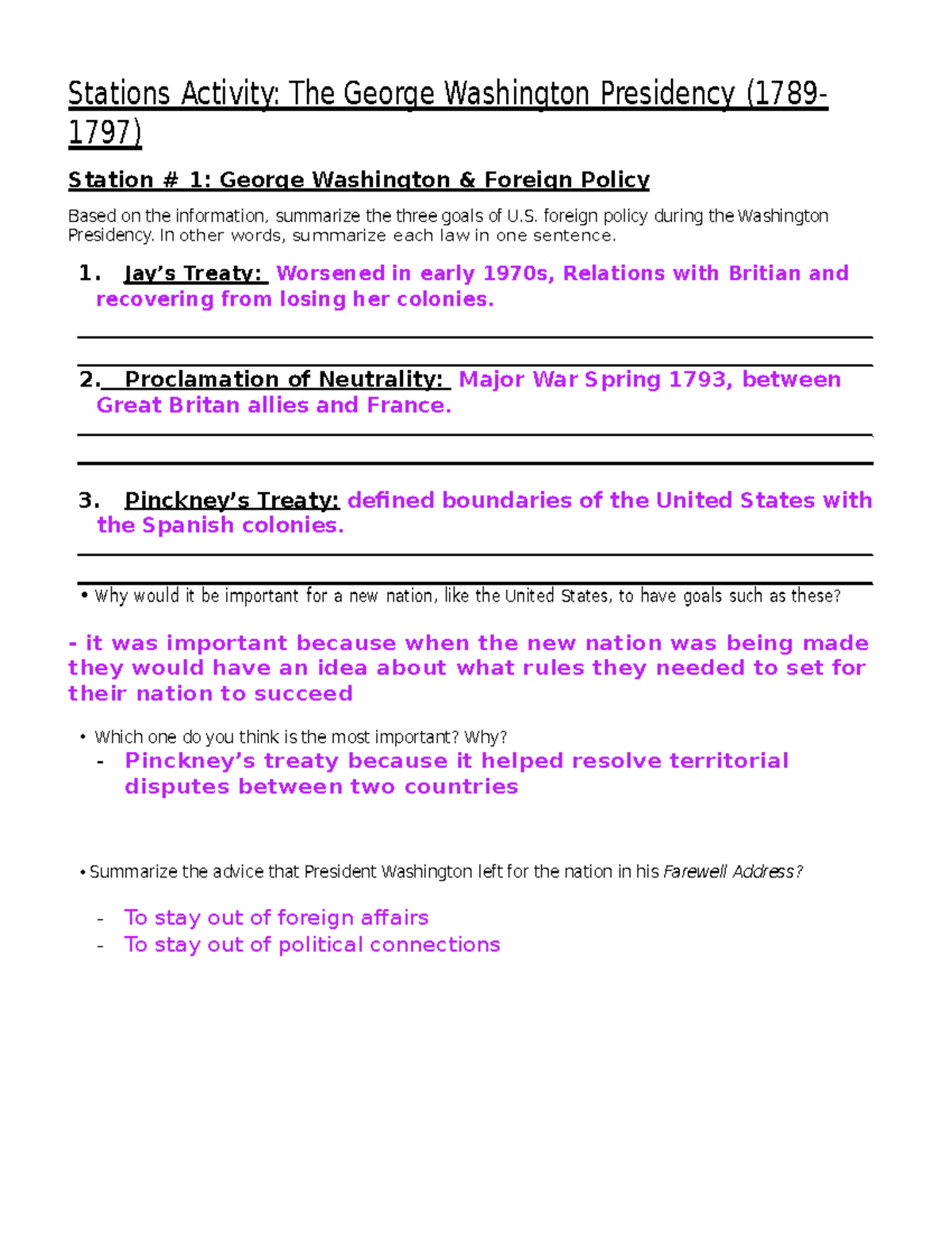 G.W. Stations Activity: The George Washington Presidency Summary - Studocu
