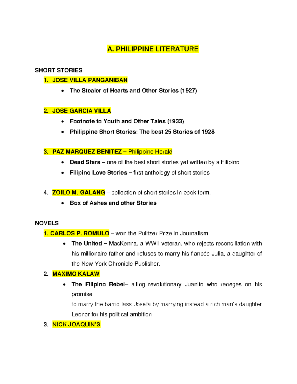 Philippine Literature - A. PHILIPPINE LITERATURE SHORT STORIES 1. JOSE ...
