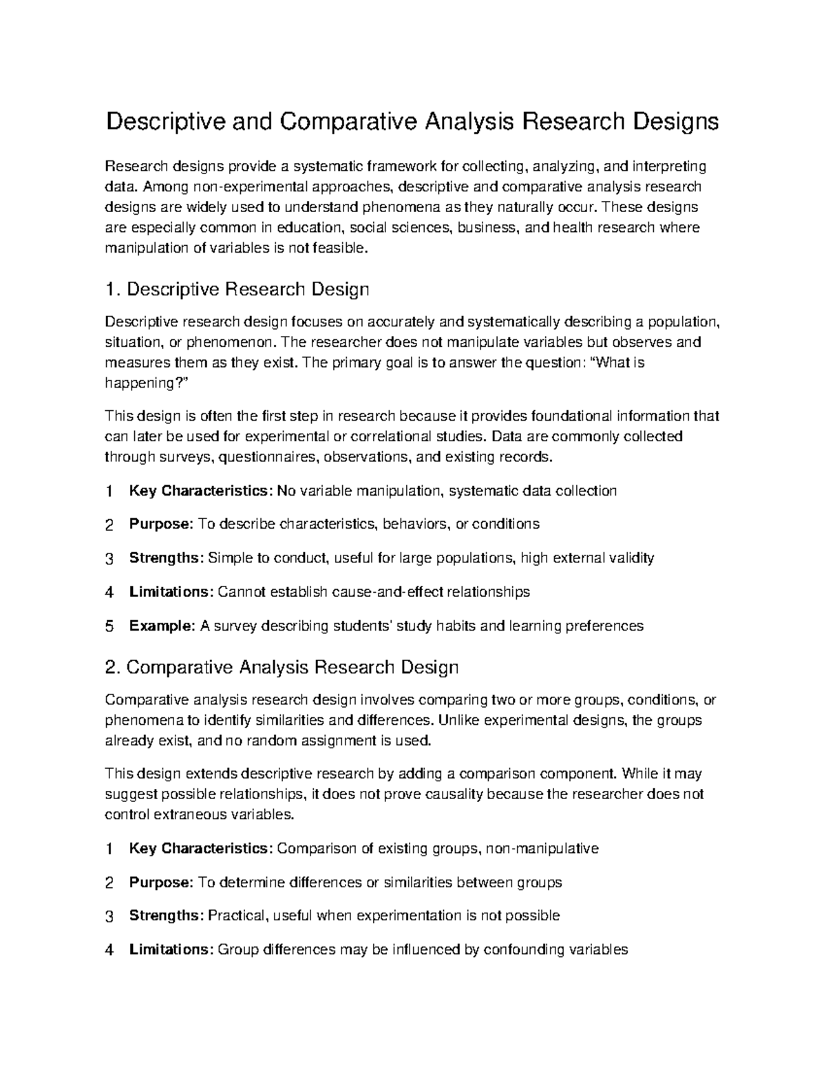 Descriptive & Comparative Research Designs Overview - Studocu