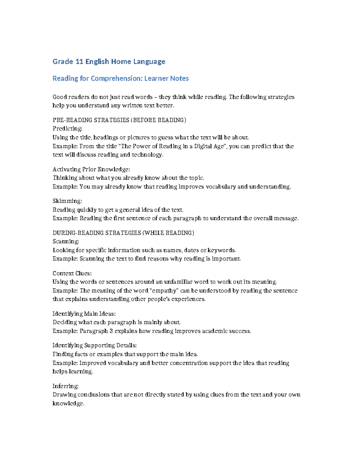 Grade 11 English Home Language Reading Comprehension Learner Notes ...
