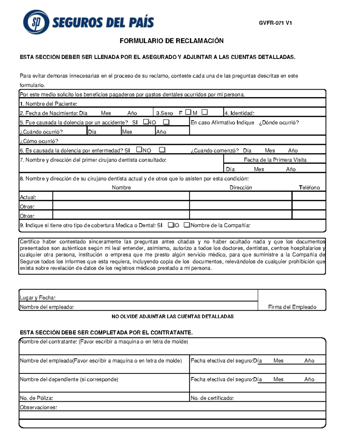 Formulario de Reclamación Dental - GVFR-071 V - Studocu