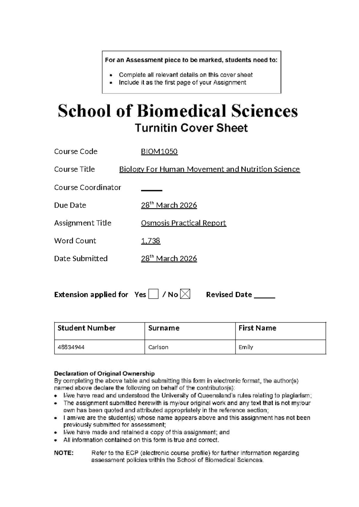 BIOM1050 Osmosis Practical Report - Emily Carlson - Studocu