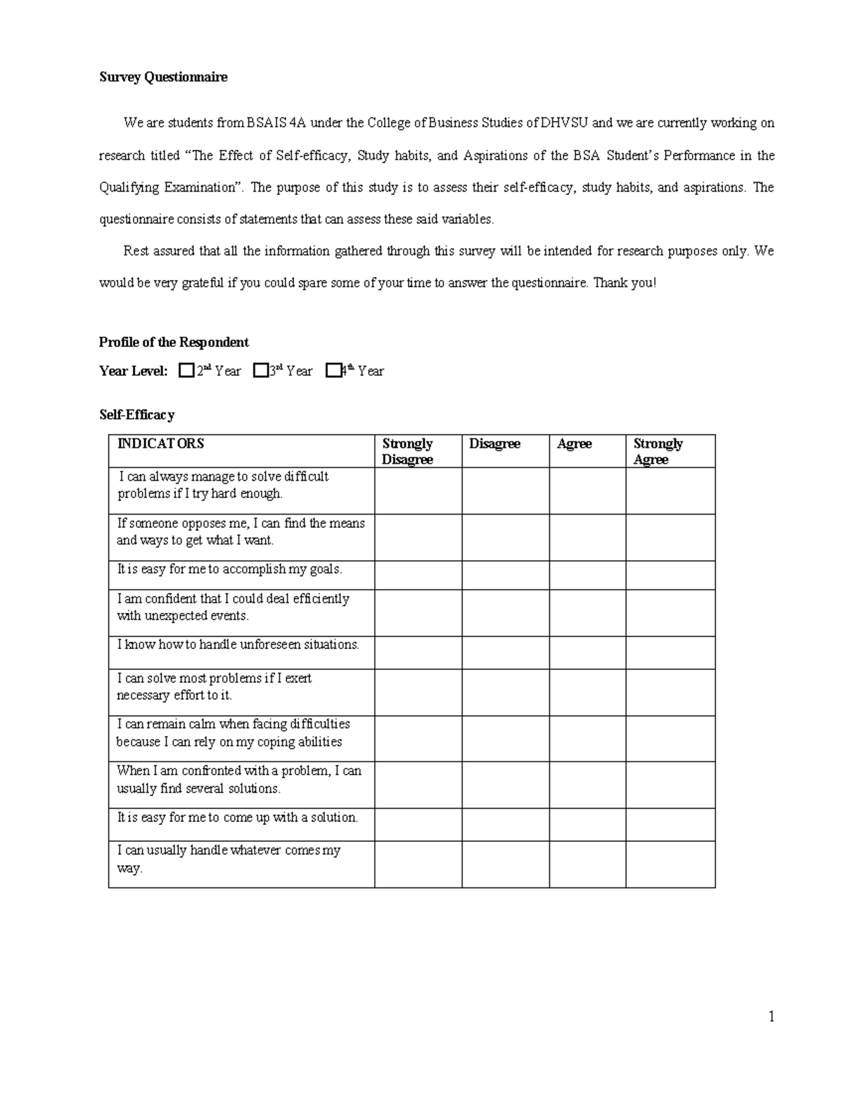 BSAIS 4A Survey Questionnaire on Study Habits & Aspirations - Studocu