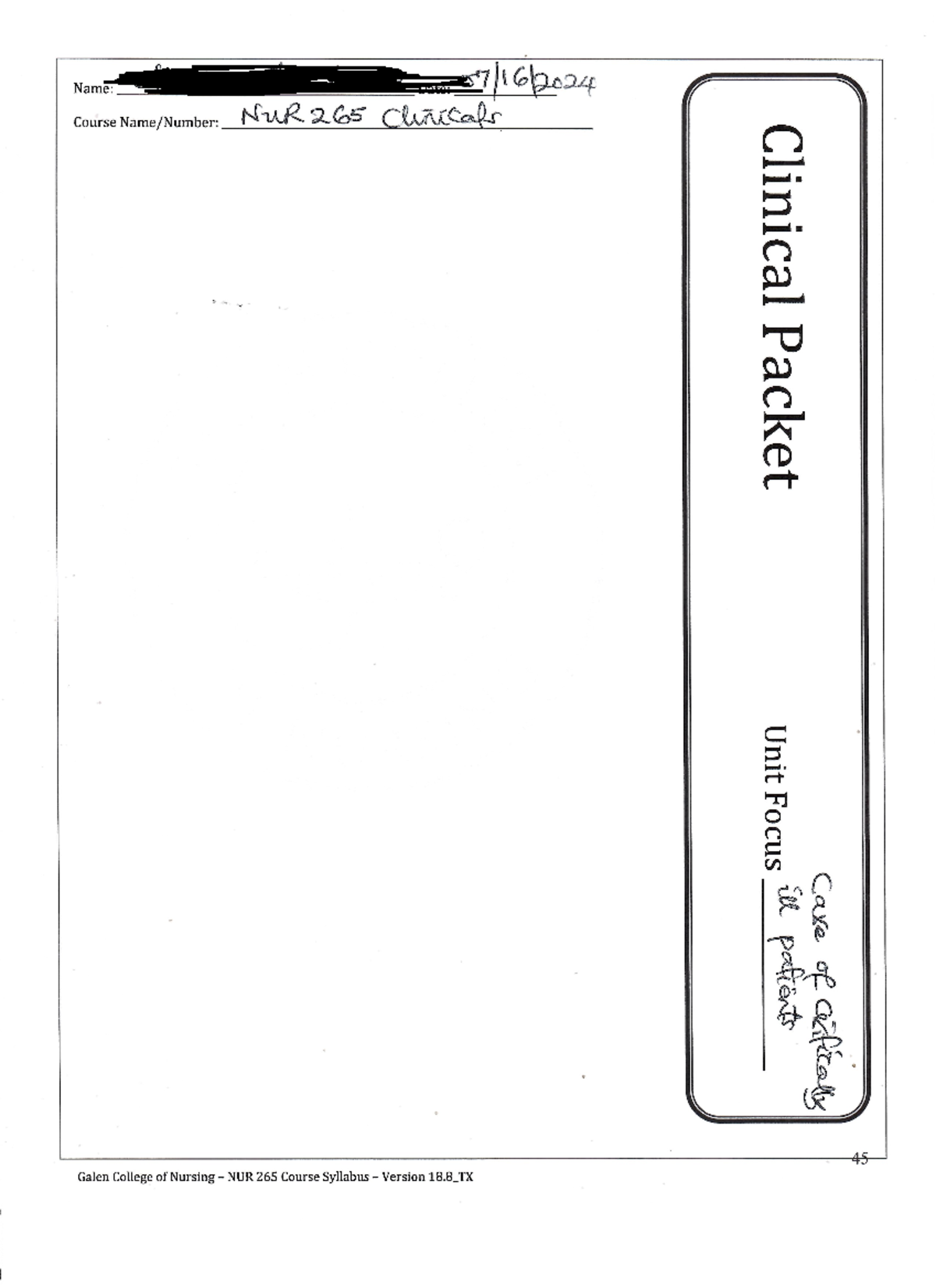 NUR265 Clinical Packet 1: Comprehensive Patient Assessments Overview ...