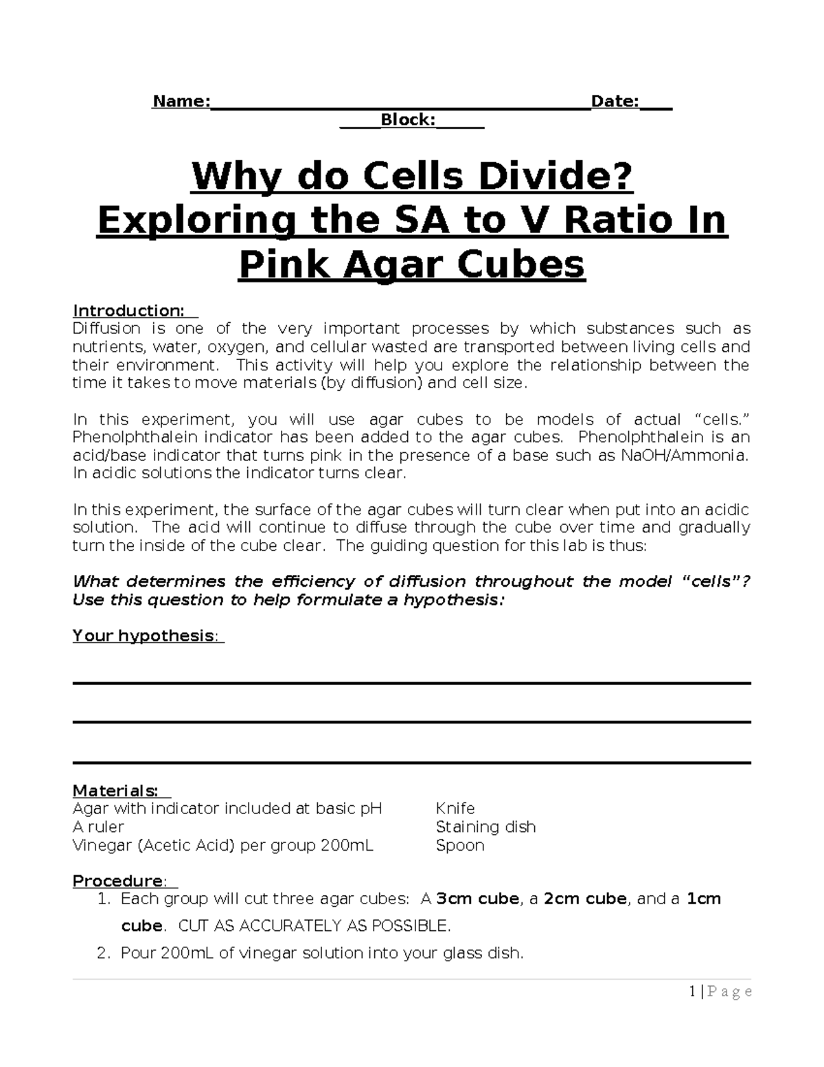 Lab Report: SA to V Ratio in Pink Agar Cubes - Bio 11 - Studocu