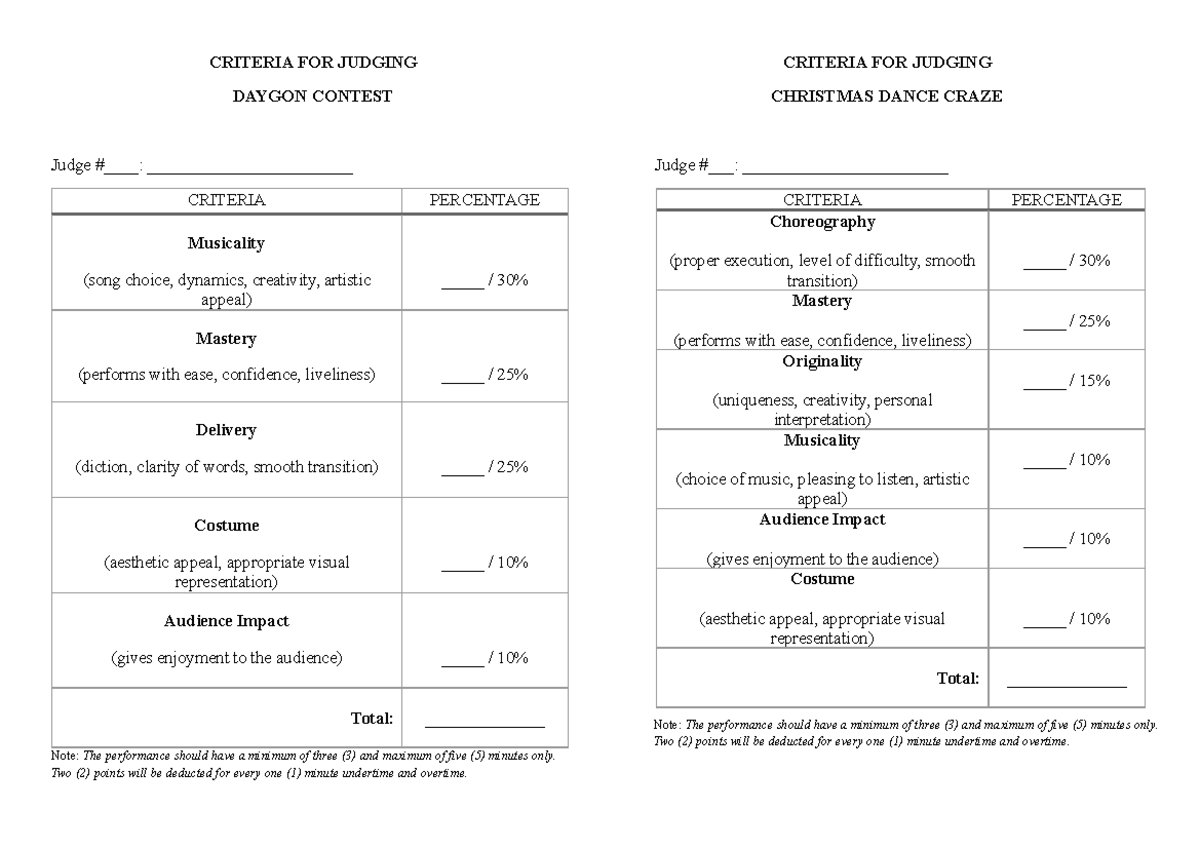 Cri - Criteria for judging. - CRITERIA FOR JUDGING DAYGON CONTEST Judge ...