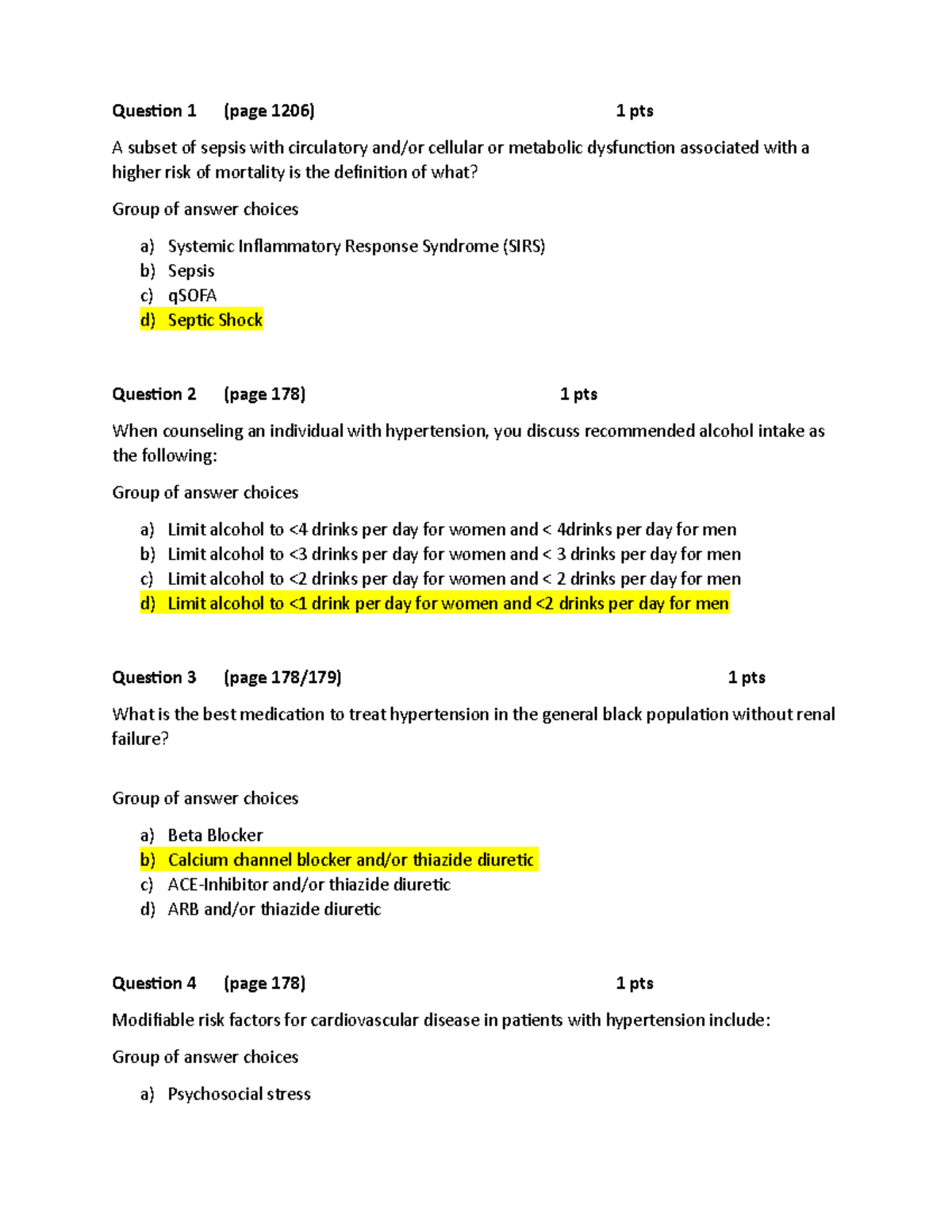 NUR 350 Week 4 Knowledge Check: Sepsis and Hypertension Questions - Studocu