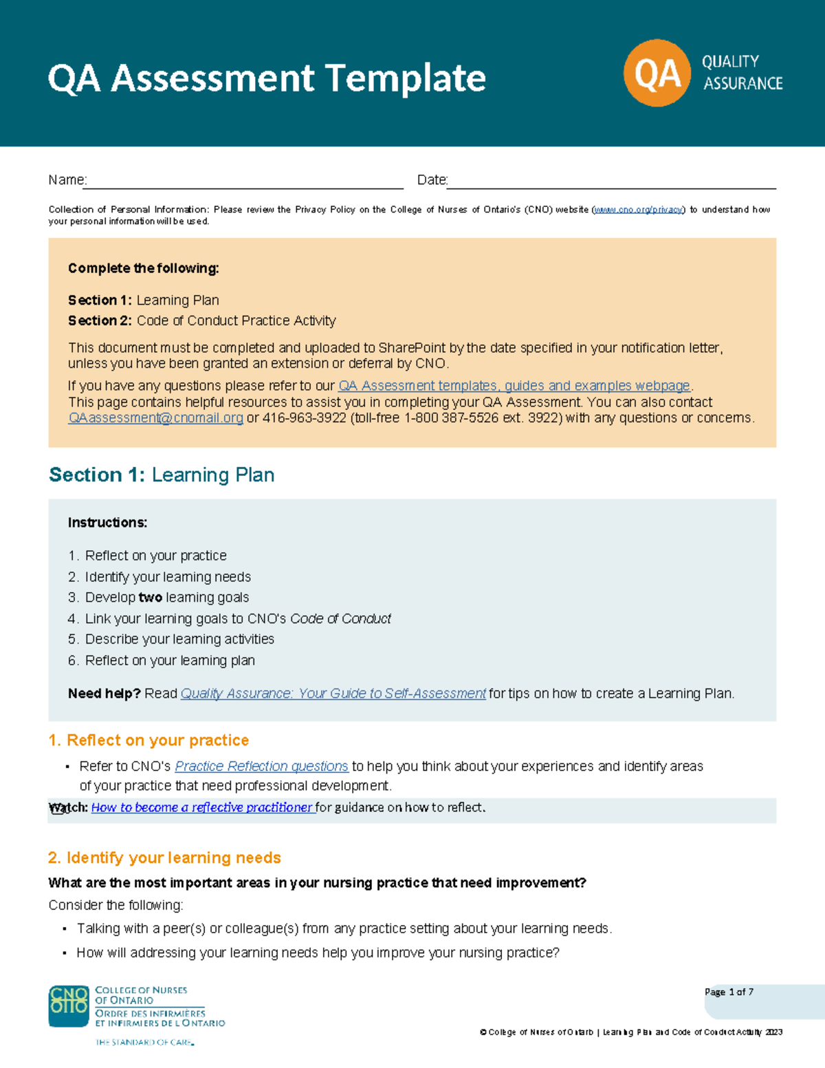 QA Assessment Template for Nursing Practice Reflection and Learning ...