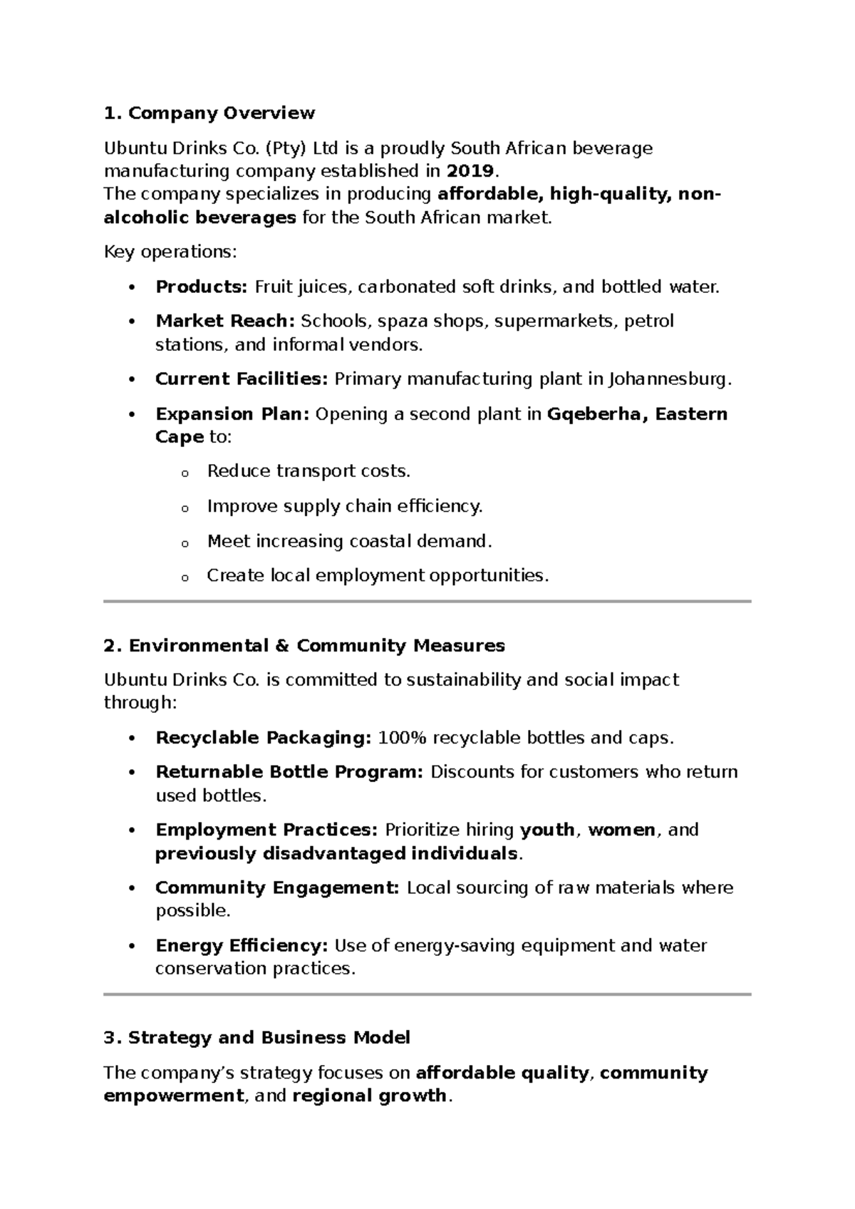 Company Overview and Strategy of Ubuntu Drinks Co. (Pty) Ltd - Studocu