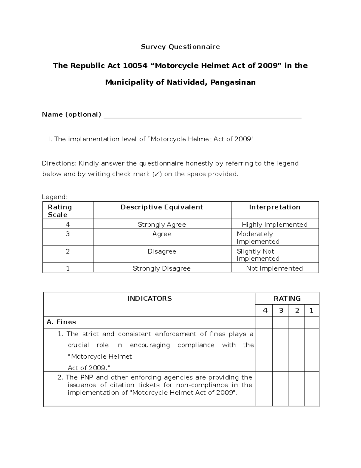 PNP Final Research Questionnaire on RA 10054 Helmet Act Compliance ...