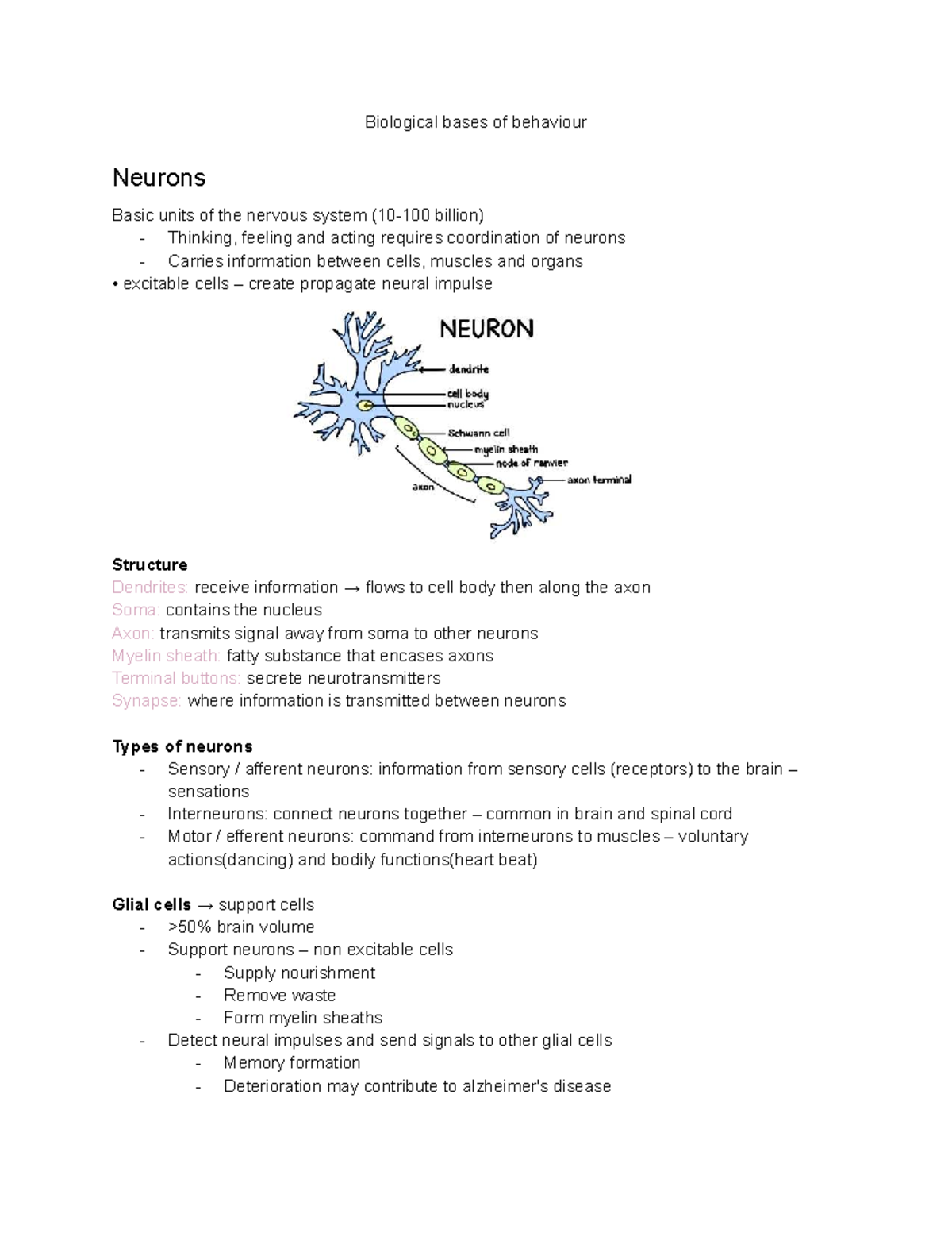 Biological Bases of Behavior in PSY 100: Neurons and Synaptic Functions ...