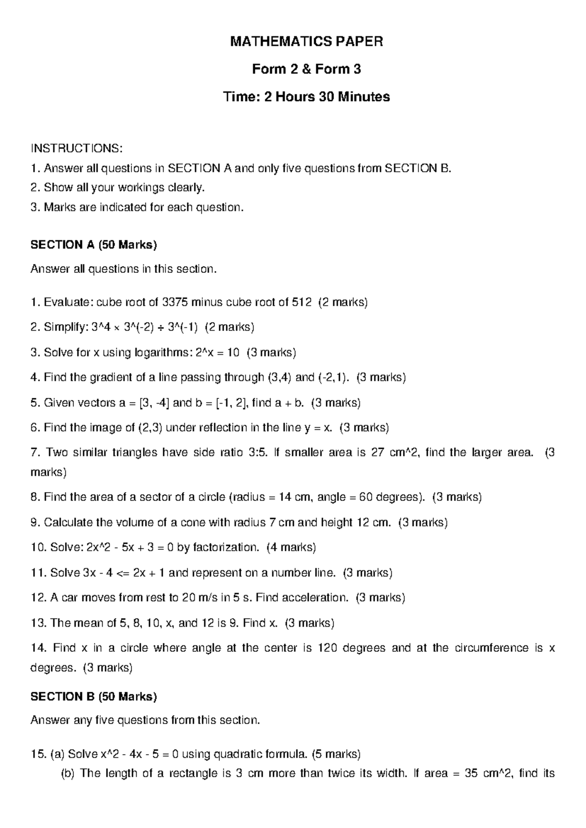 Form2 Form3 Mathematics Paper - MATHEMATICS PAPER Form 2 & Form 3 Time ...