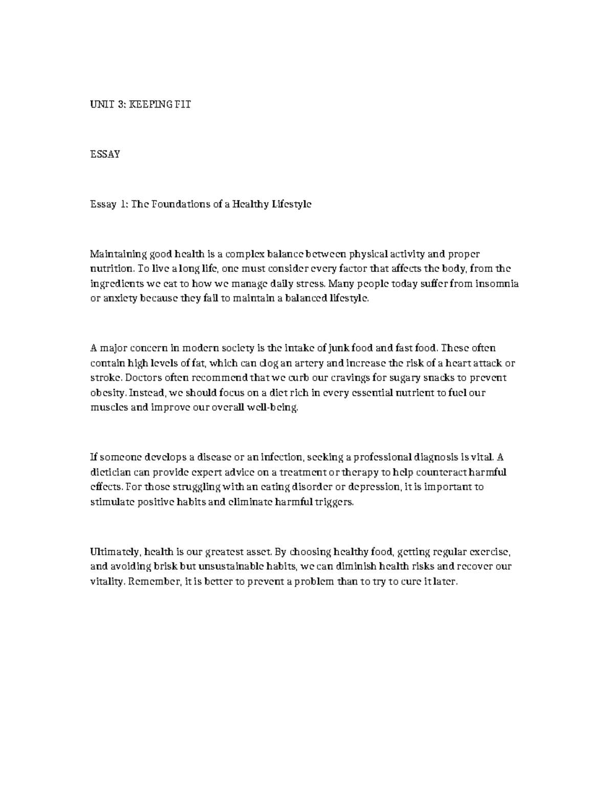 UNIT 3: Keeping Fit Essay - Foundations of a Healthy Lifestyle - Studocu