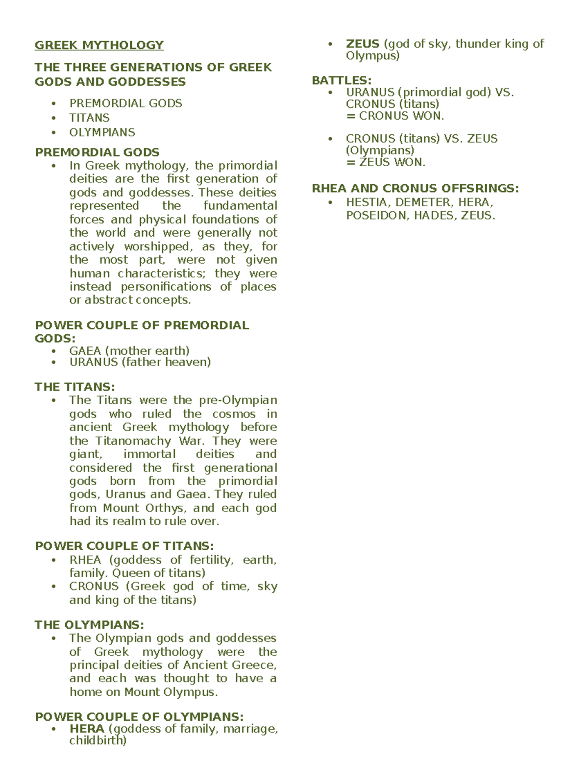 Greek Mythology Overview: Primordial Gods, Titans, and Olympians - Studocu