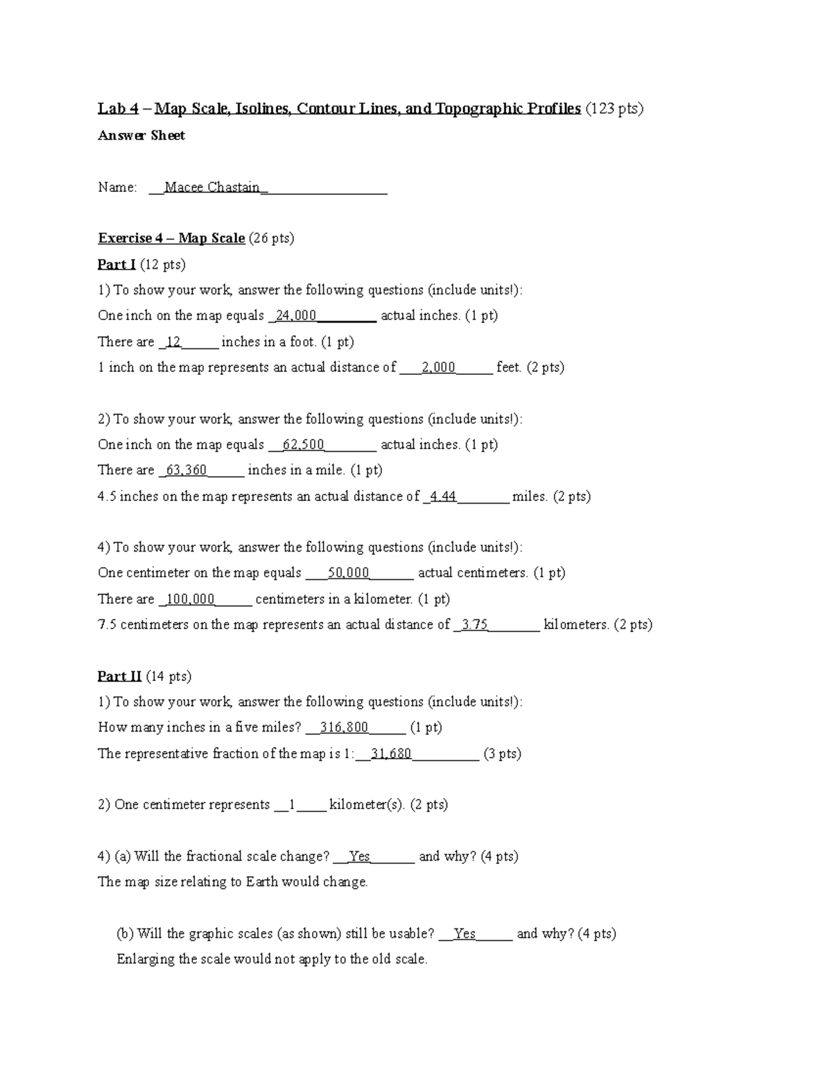 Lab 4 (GEOG 101) Answer Sheet: Map Scale, Isolines, & Topographic ...