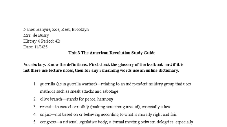 Unit 3 Study Guide: The American Revolution (History 8) - Studocu
